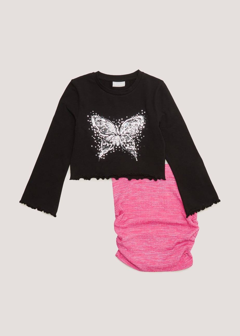Girls Black Butterfly Top & Pink Space Dye Skirt Set (4-13yrs) - Matalan