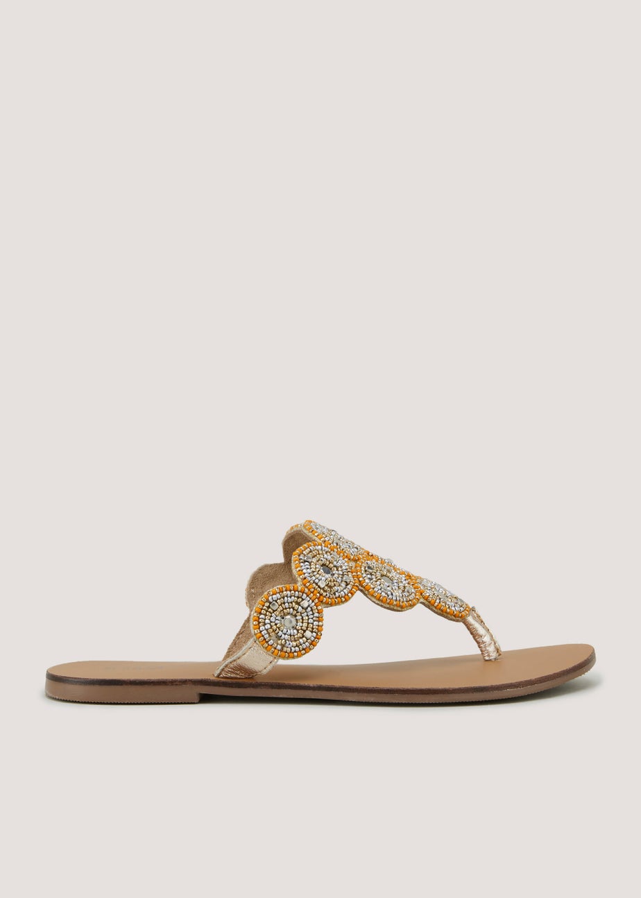 Gold Leather Disc Toe Post Mules - Matalan