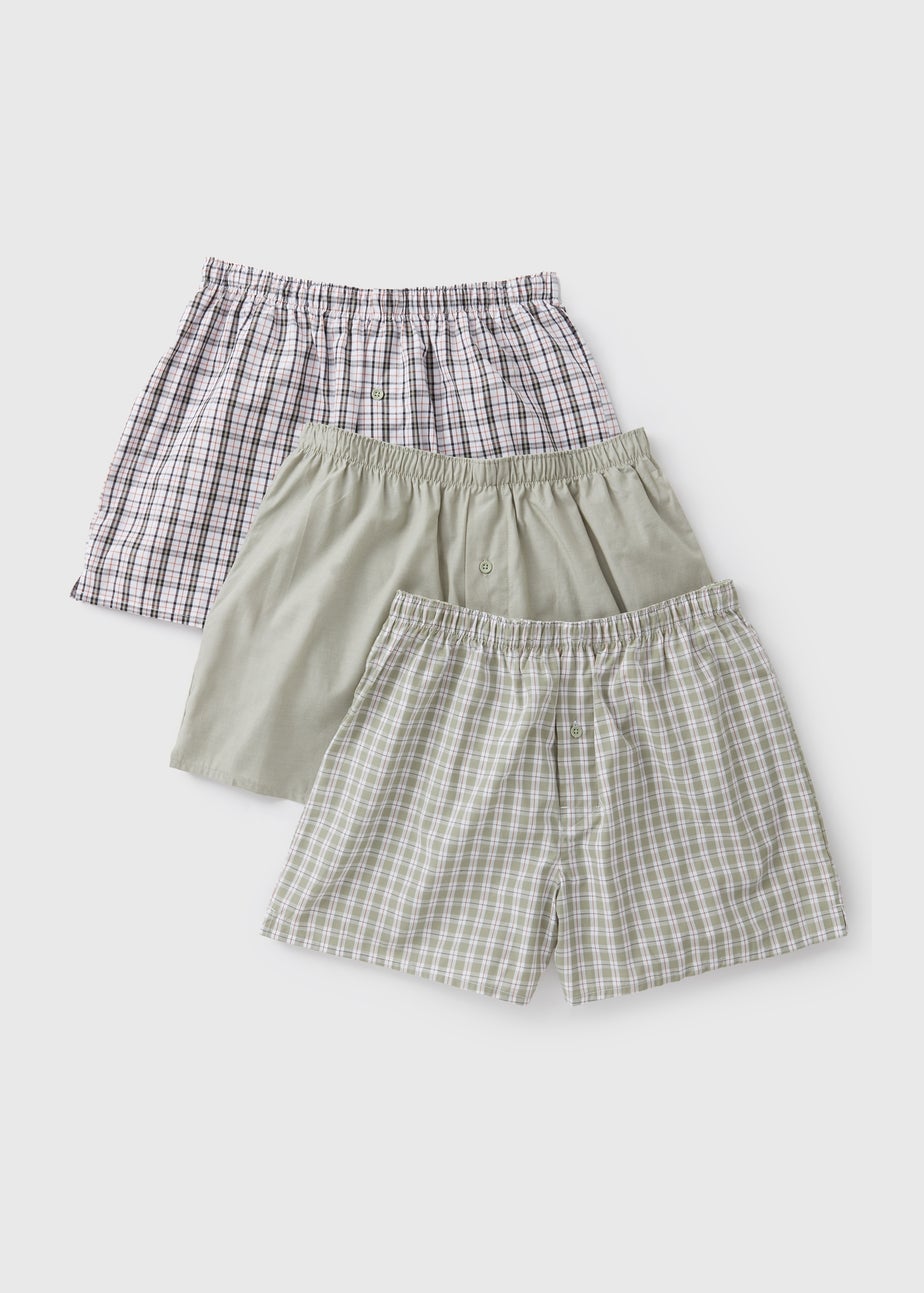 3 Pack Woven Green Check Boxers - Matalan