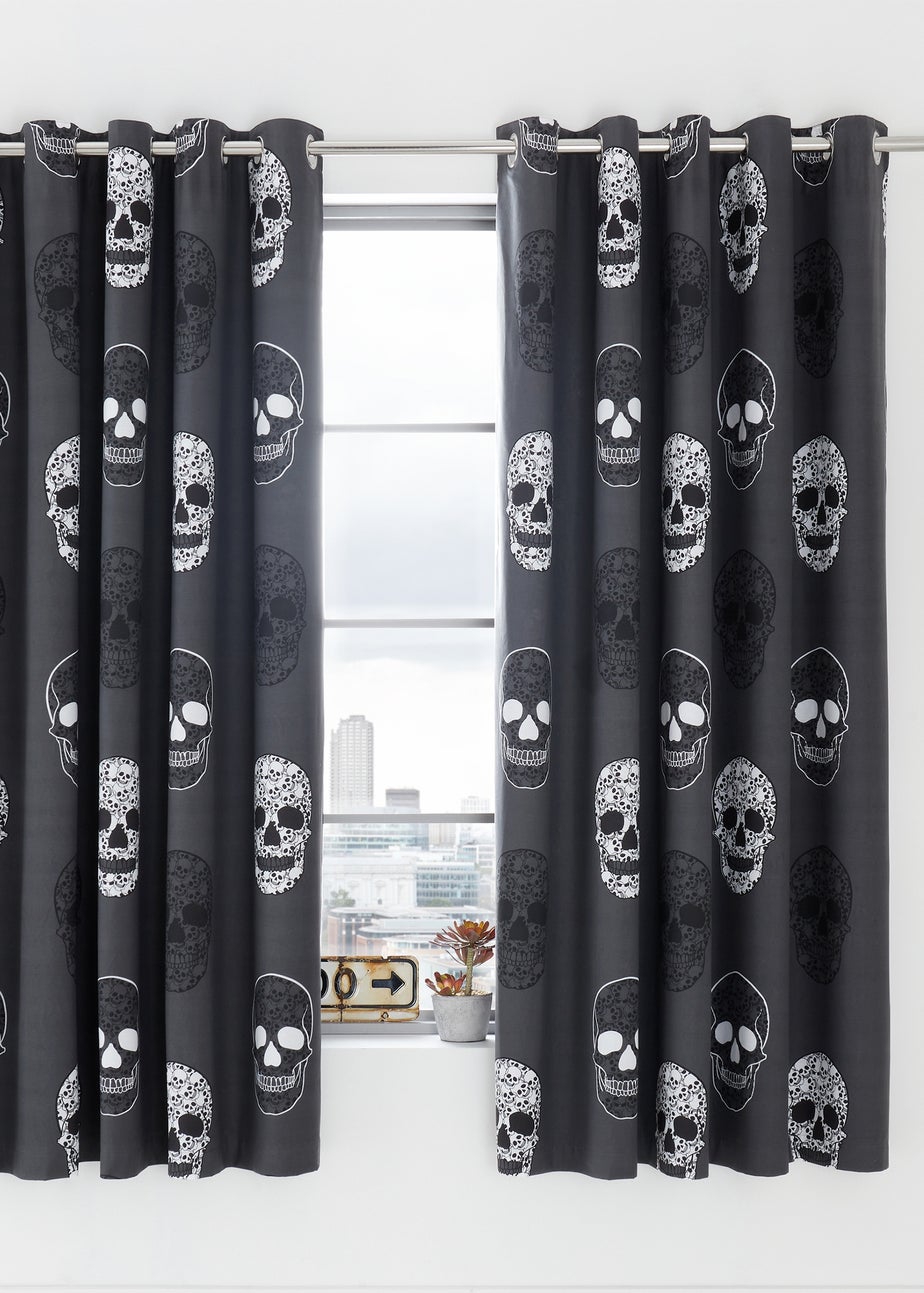 Catherine Lansfield Skulls Fully Reversible Eyelet Curtains Grey - Matalan
