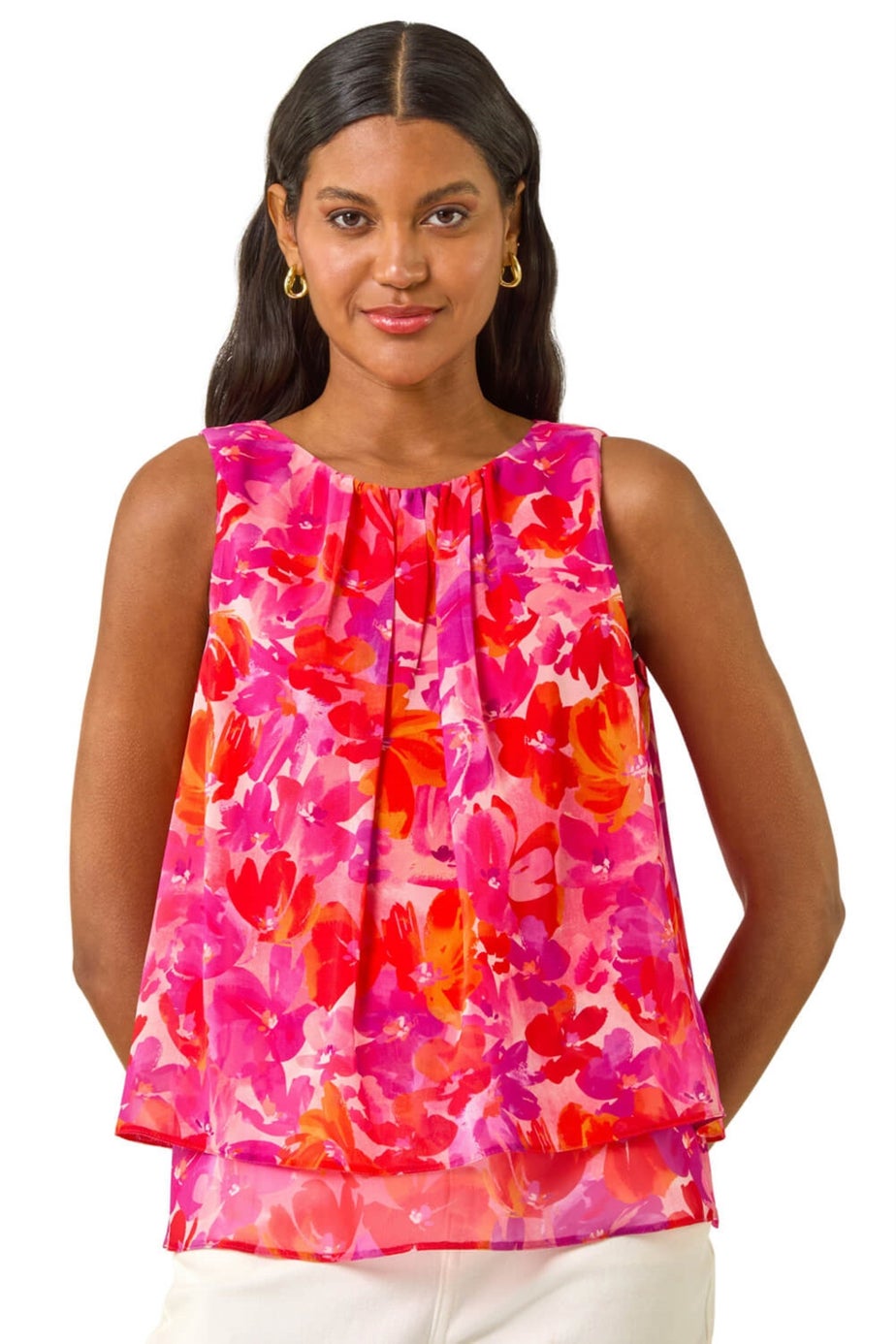 Roman Pink Floral Double Layered Pleated Top - Matalan