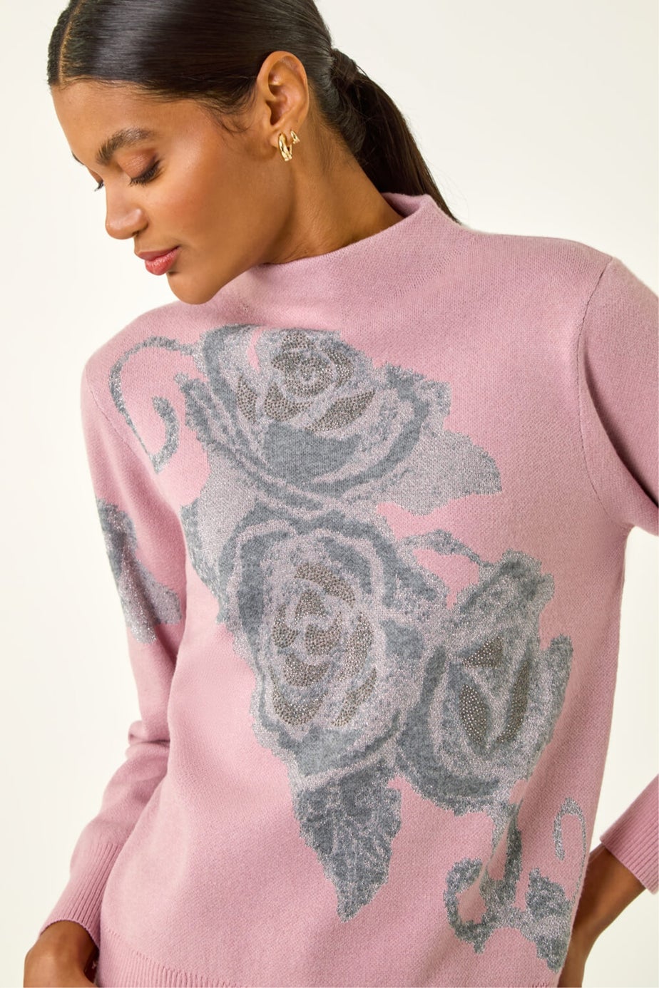 Roman Light Pink Floral Rose Shimmer Knit Jumper - Matalan