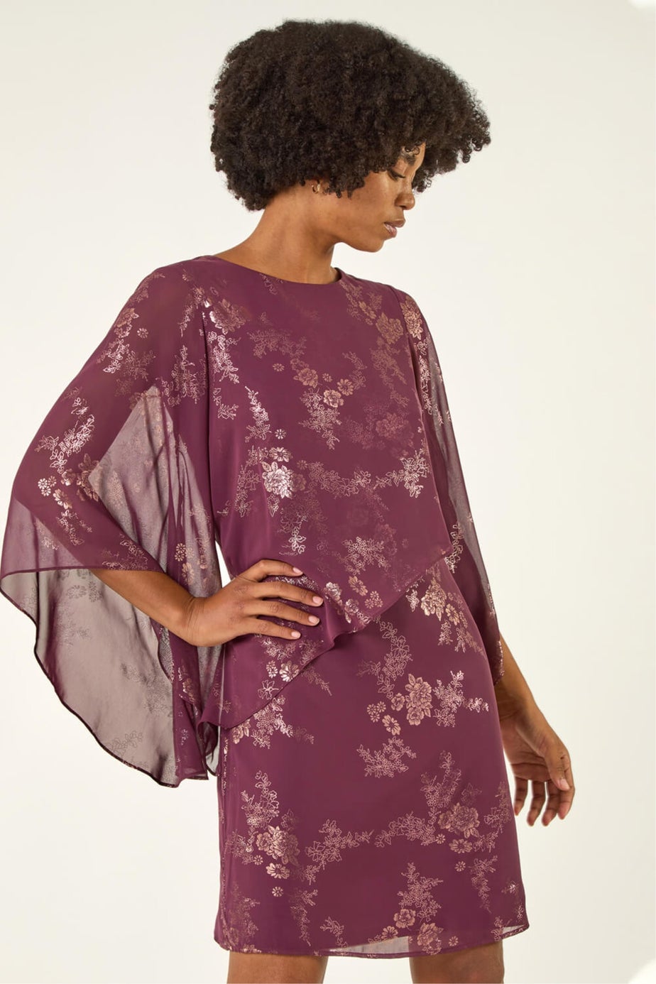 Roman Burgundy Foil Print Asymmetric Overlay Dress - Matalan