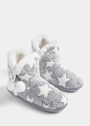 Grey Star Print Pom Pom Boot Slippers - Matalan