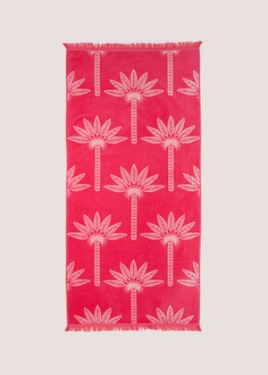 Pink Palm Print Jacquard Beach Towel (80cm x 160cm) - Matalan