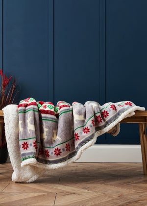 BHS Red Christmas Stag Throw Red with Faux-Shearling - Matalan