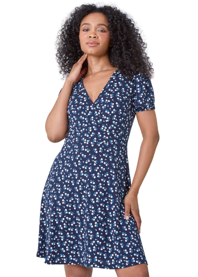Roman Navy Petite Spot Print Wrap Dress - Matalan