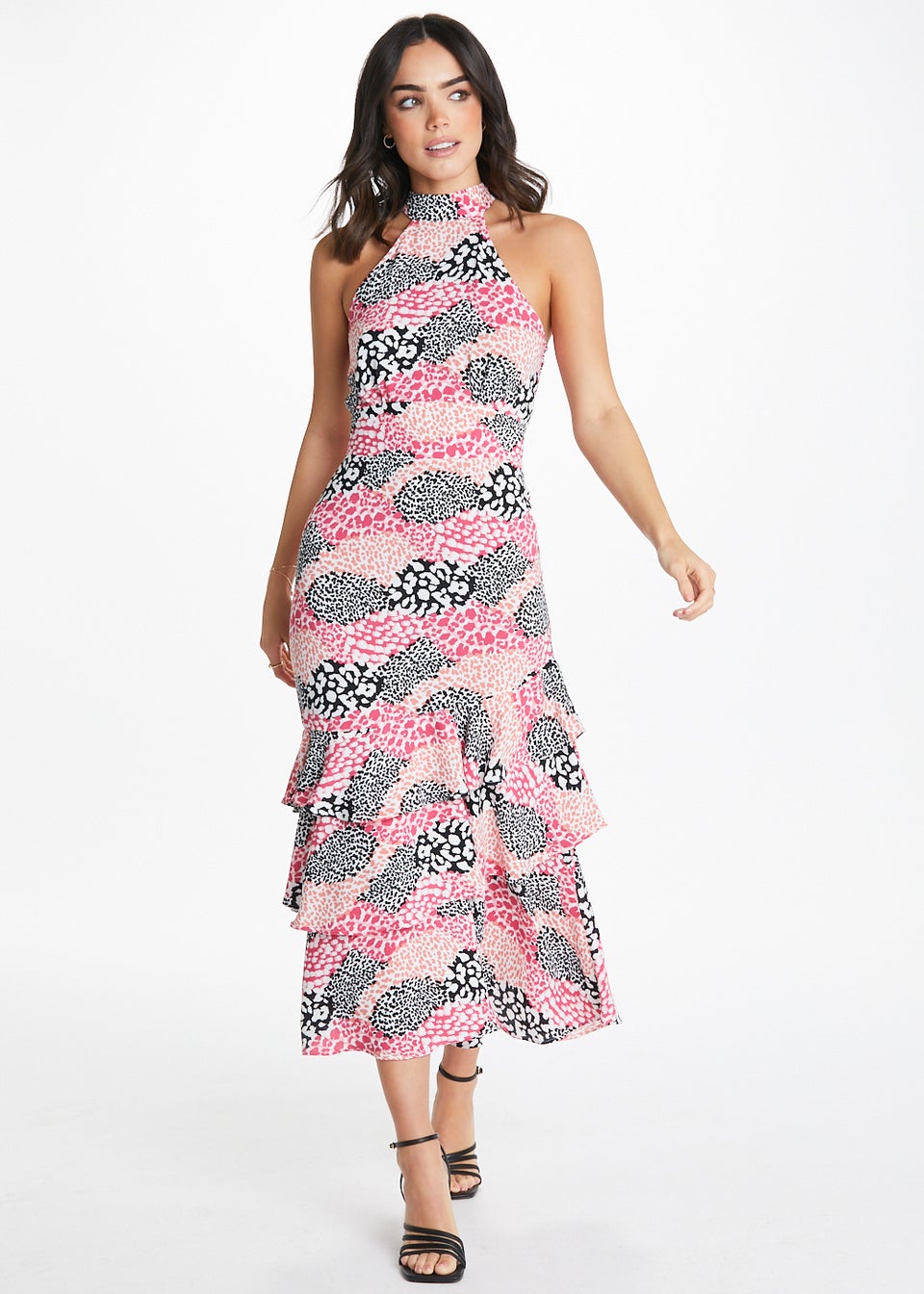 Be Beau Pink Animal Print High Apex Midi Dress - Matalan