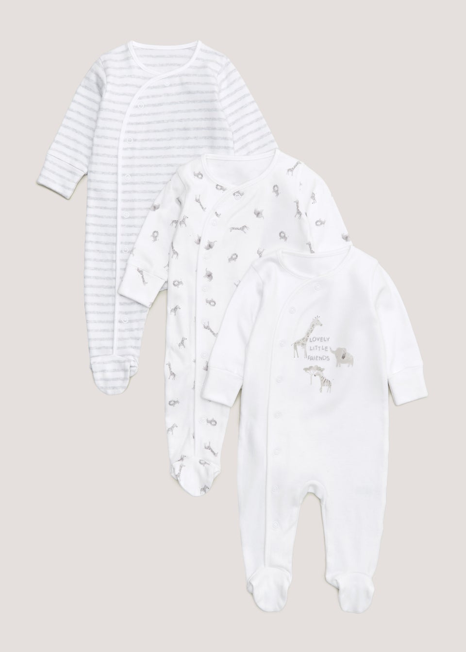 Baby 3 Pack White & Grey Safari Sleepsuits (Tiny Baby-18mths) - Matalan