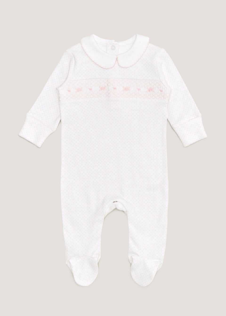 Baby White & Pink Smock Sleepsuit (Tiny Baby-12mths) - Matalan