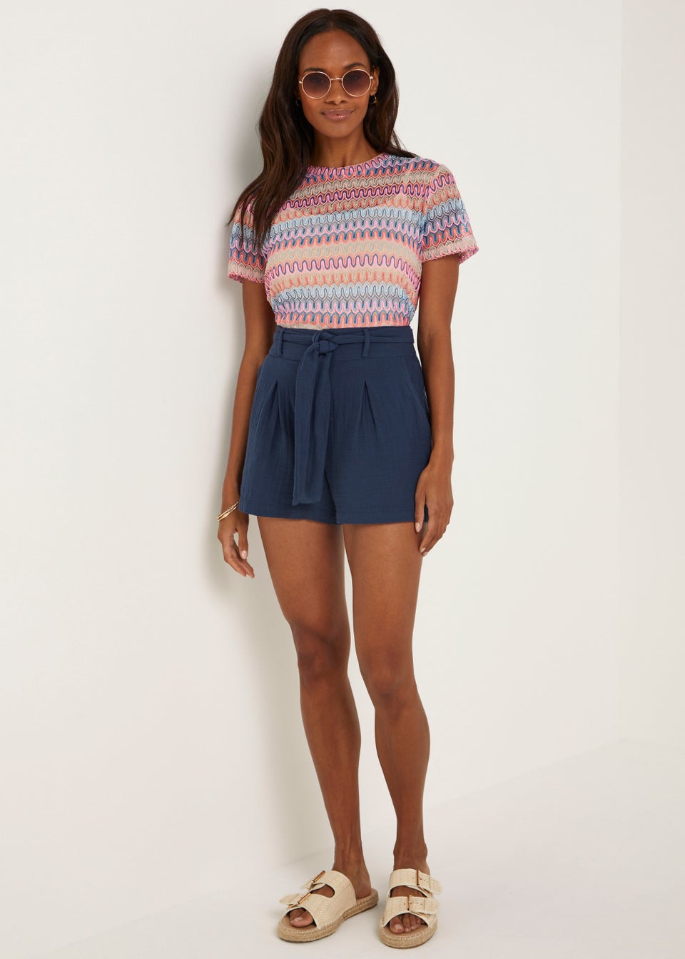 Navy Double Cloth Belted Shorts - Matalan