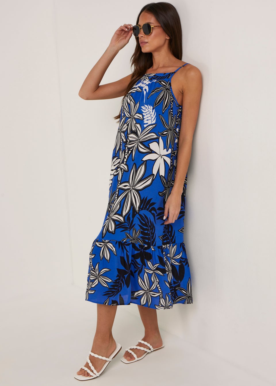 Blue Floral High Apex Midi Dress - Matalan