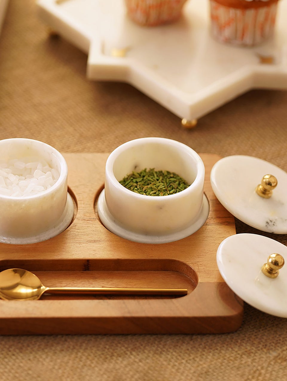 Handcrafted Marble Mouth Freshener Dani With Wooden Tray And Spoon ...