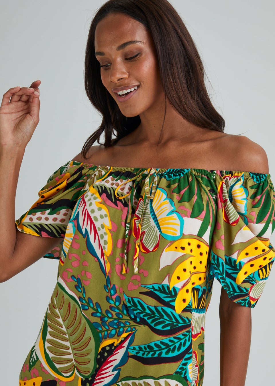 Multicoloured Leaf Print Bardot Top Matalan