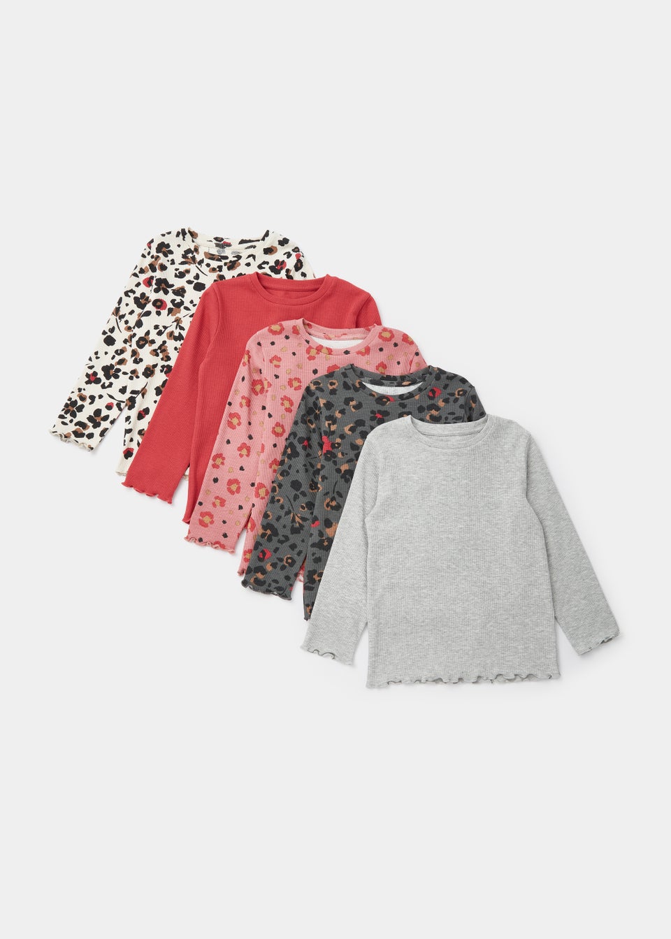 Girls 5 Pack Beige Leopard Print Long Sleeve Ribbed T-Shirts (9mths ...