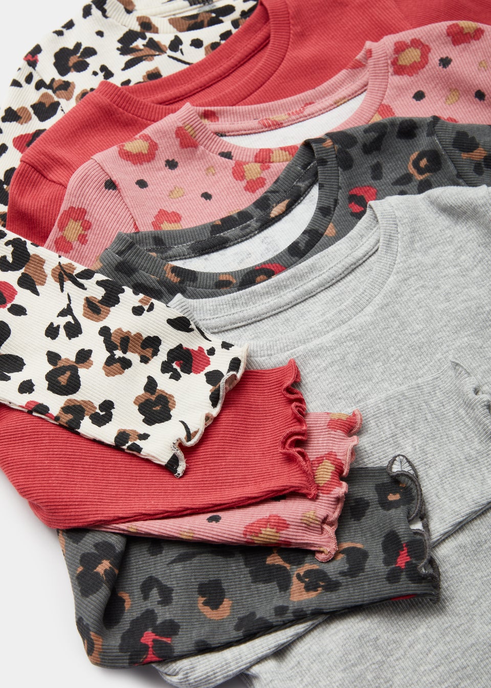 Girls 5 Pack Beige Leopard Print Long Sleeve Ribbed T-Shirts (9mths ...