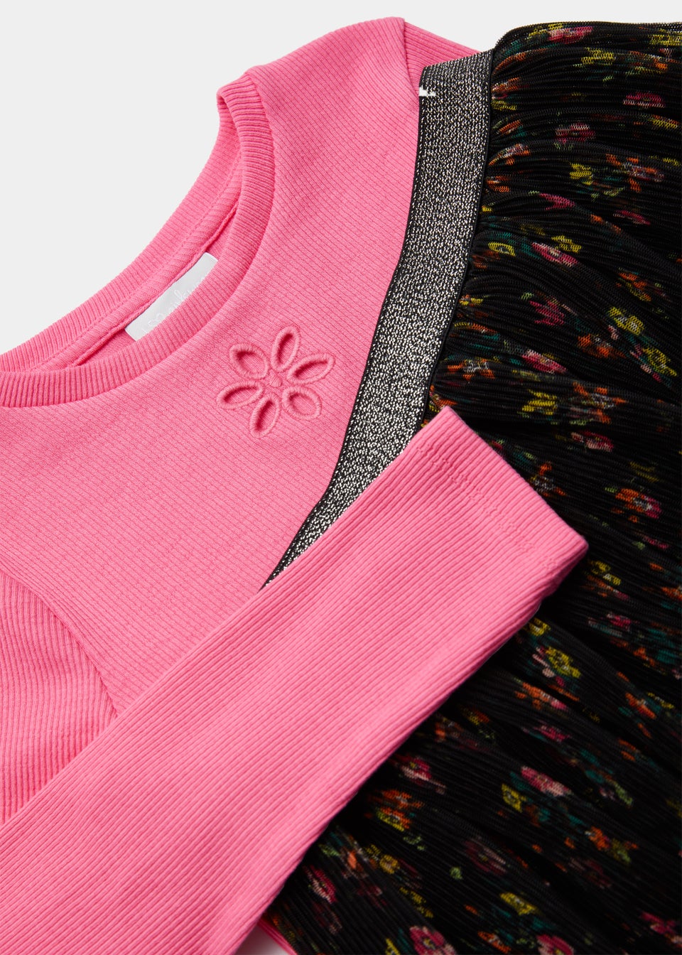 Girls Pink Top & Black Floral Ruffle Skirt Set (4-13yrs) - Matalan