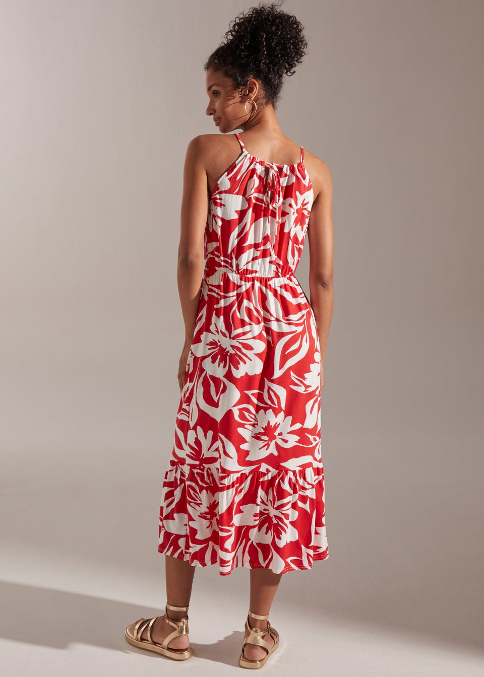 Red Floral High Apex Midi Dress - Matalan