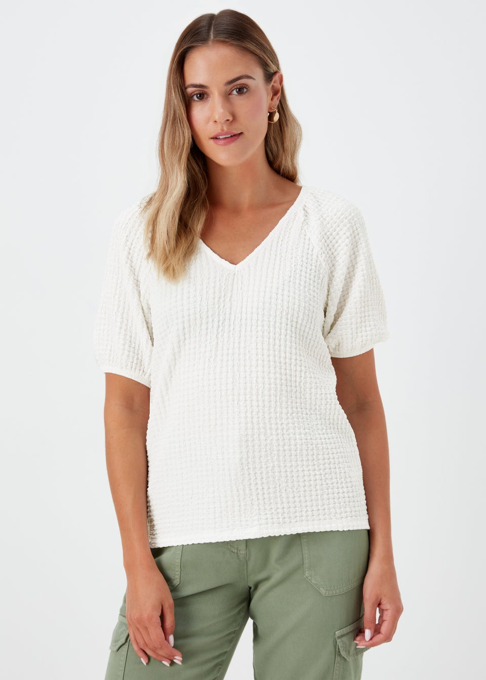 Cream V-Neck Textured Top - Matalan