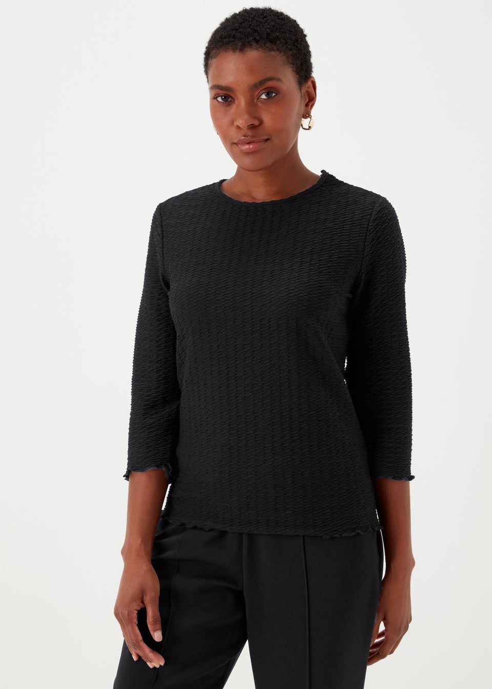 Black 3/4 Sleeve Textured T-Shirt - Matalan
