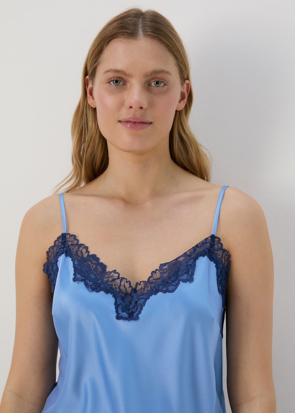 Blue Contrast Lace Satin Cami Set - Matalan