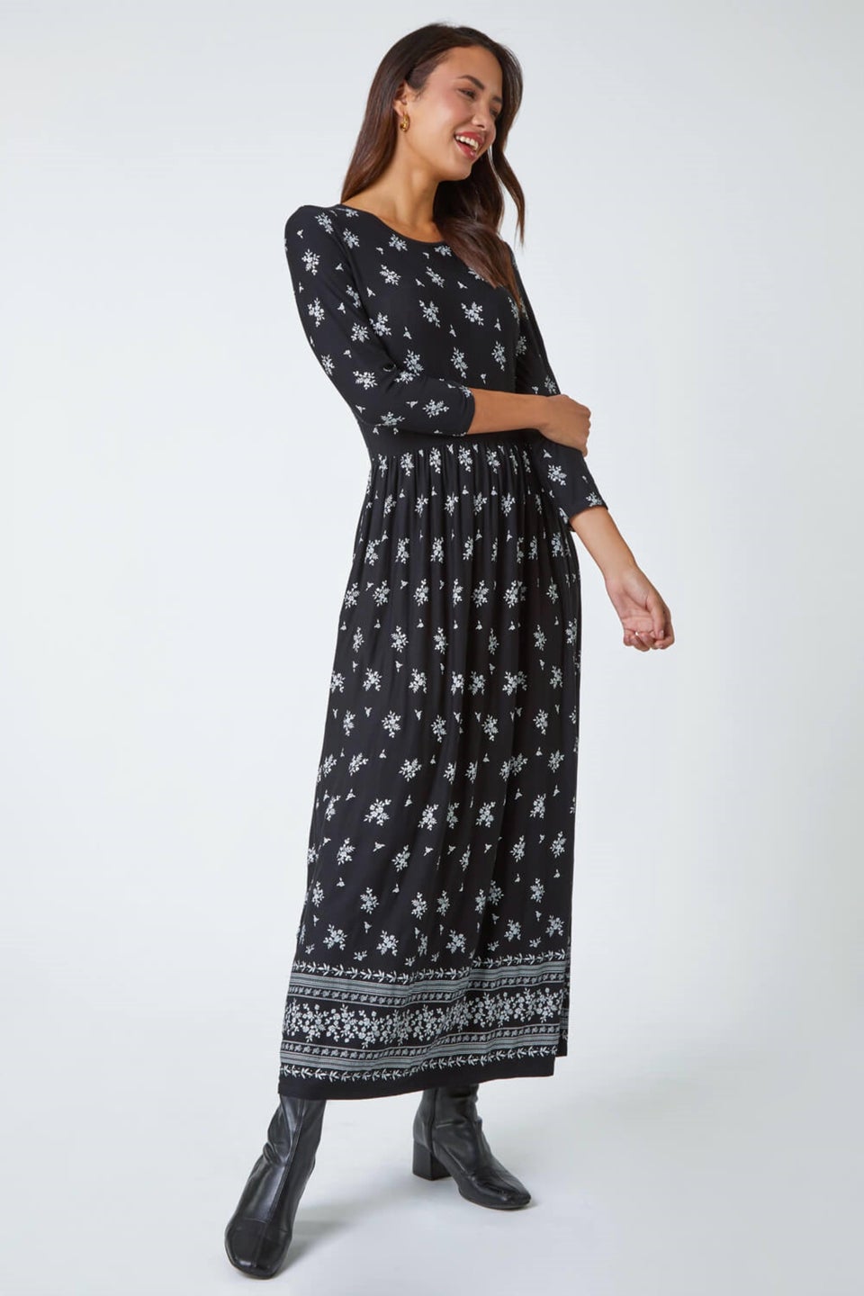Roman Black Floral Border Print Maxi Stretch Dress - Matalan