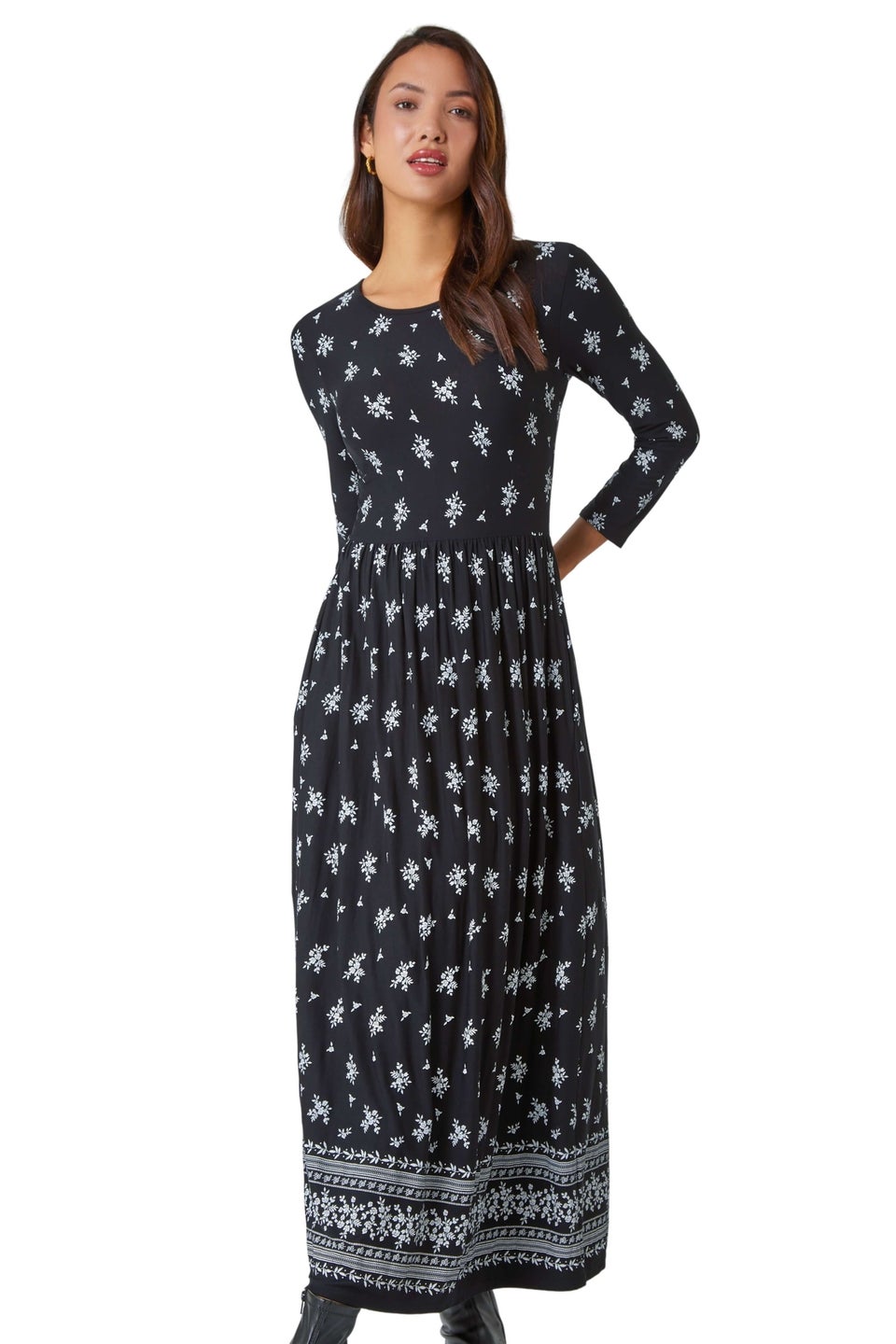 Roman Black Floral Border Print Maxi Stretch Dress - Matalan
