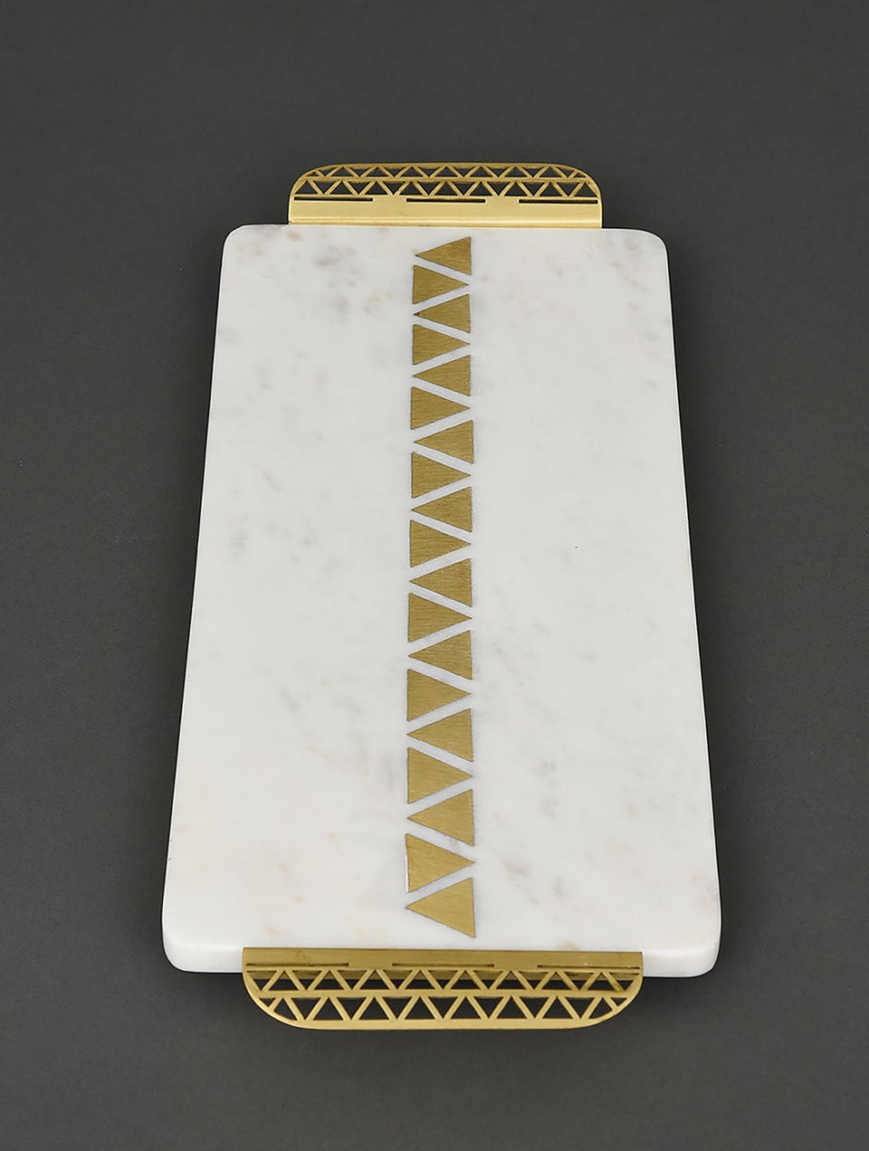 White Marble And Metal Tray With Brass Inlay | Jaypore US