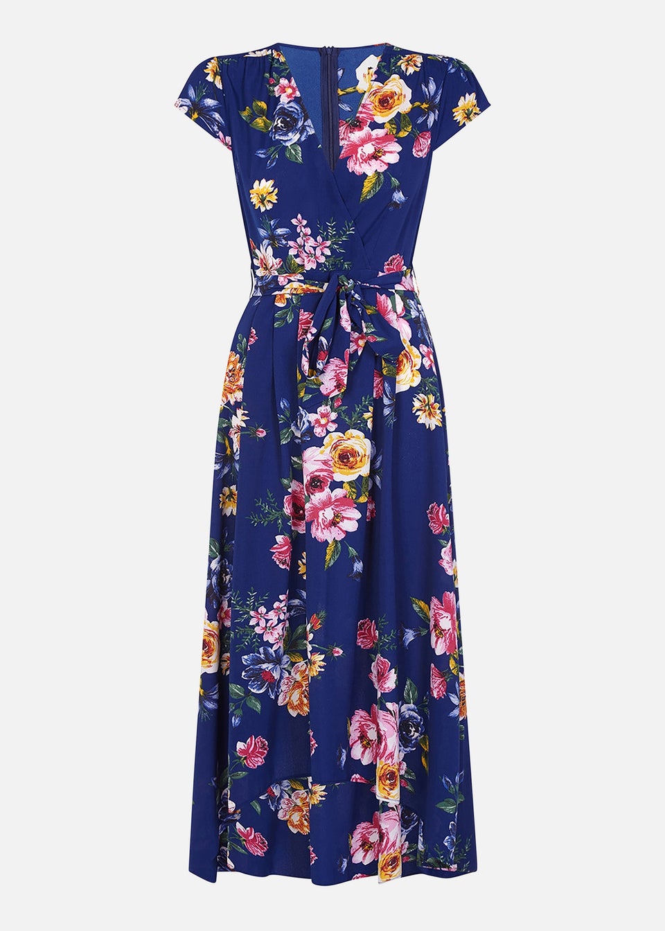 Mela Blue Floral Wrap Over Dipped Hem Midi Dress - Matalan