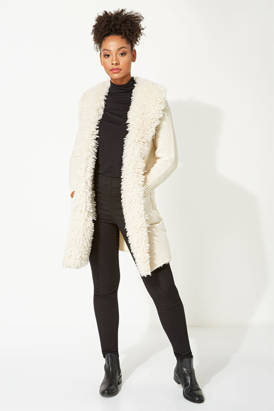 Roman Ivory Longline Faux Shearling Knit Coatigan - Matalan