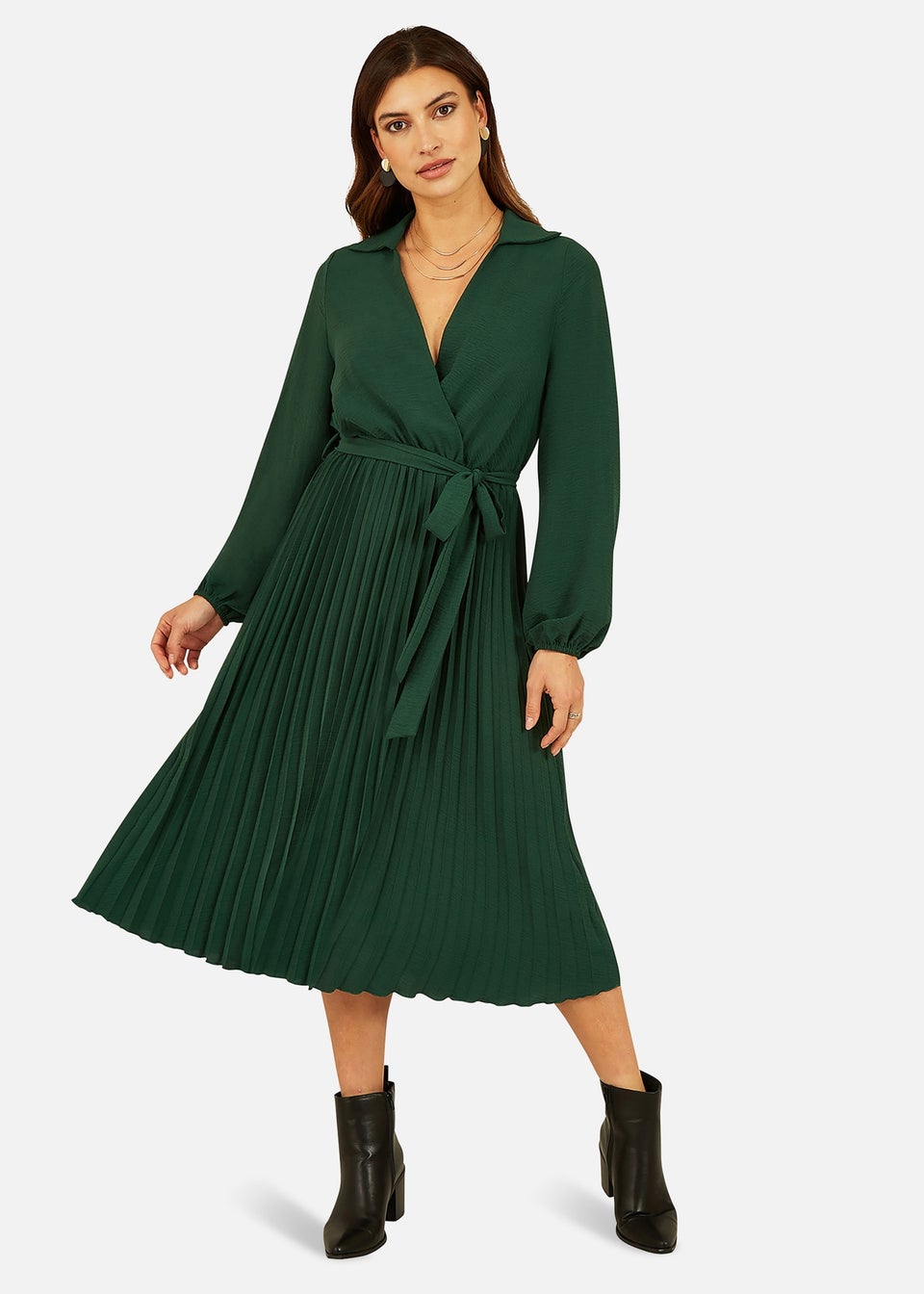 Mela Green Long Sleeve Wrap Pleated Midi Dress - Matalan