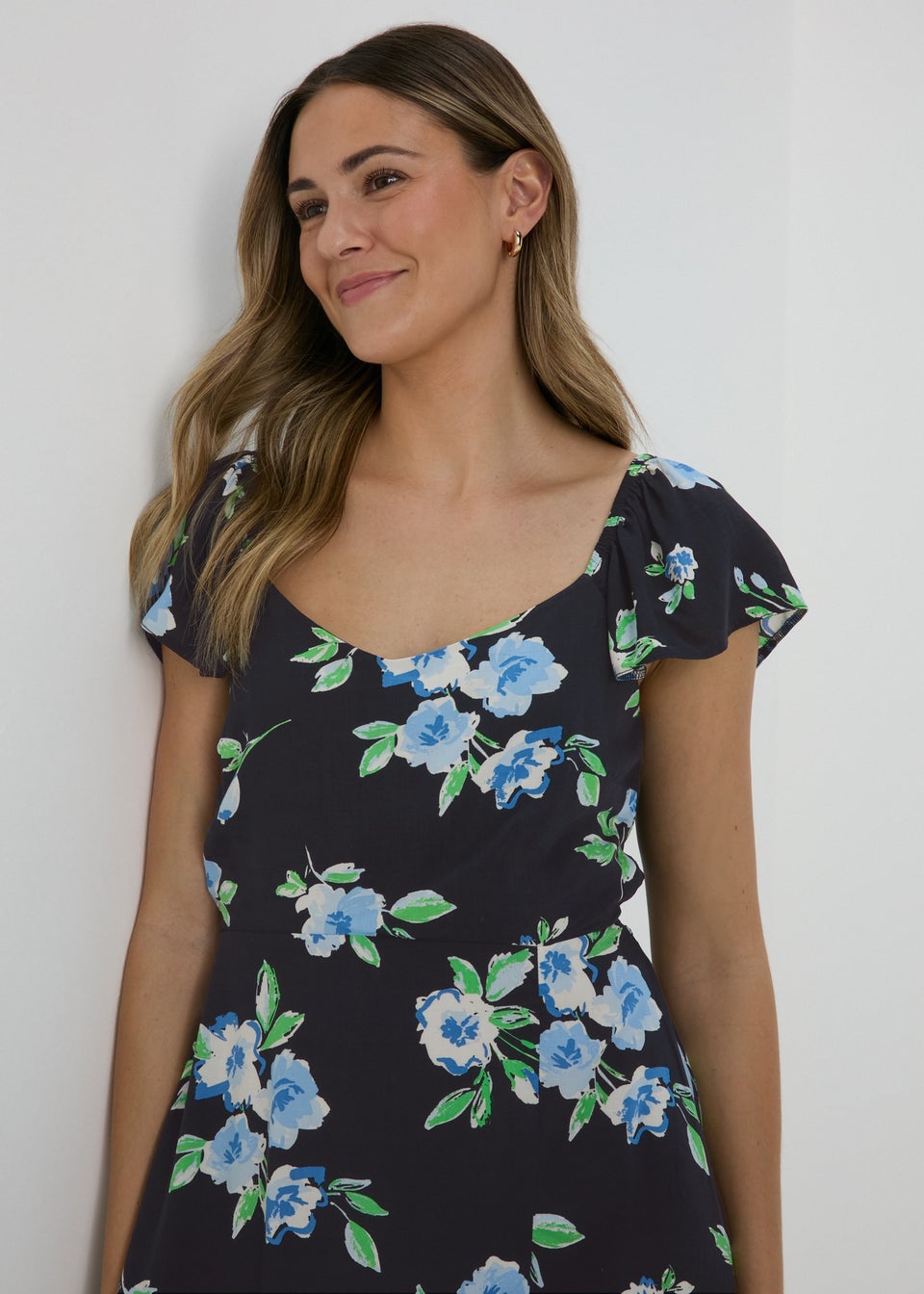Black Floral Flutter Sleeve Midi Dress Matalan