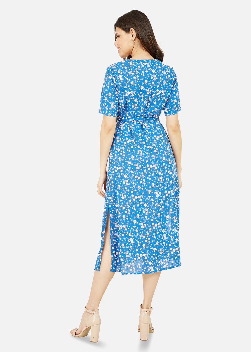 Mela Blue Ditsy Rose Print Wrap Midi Dress - Matalan