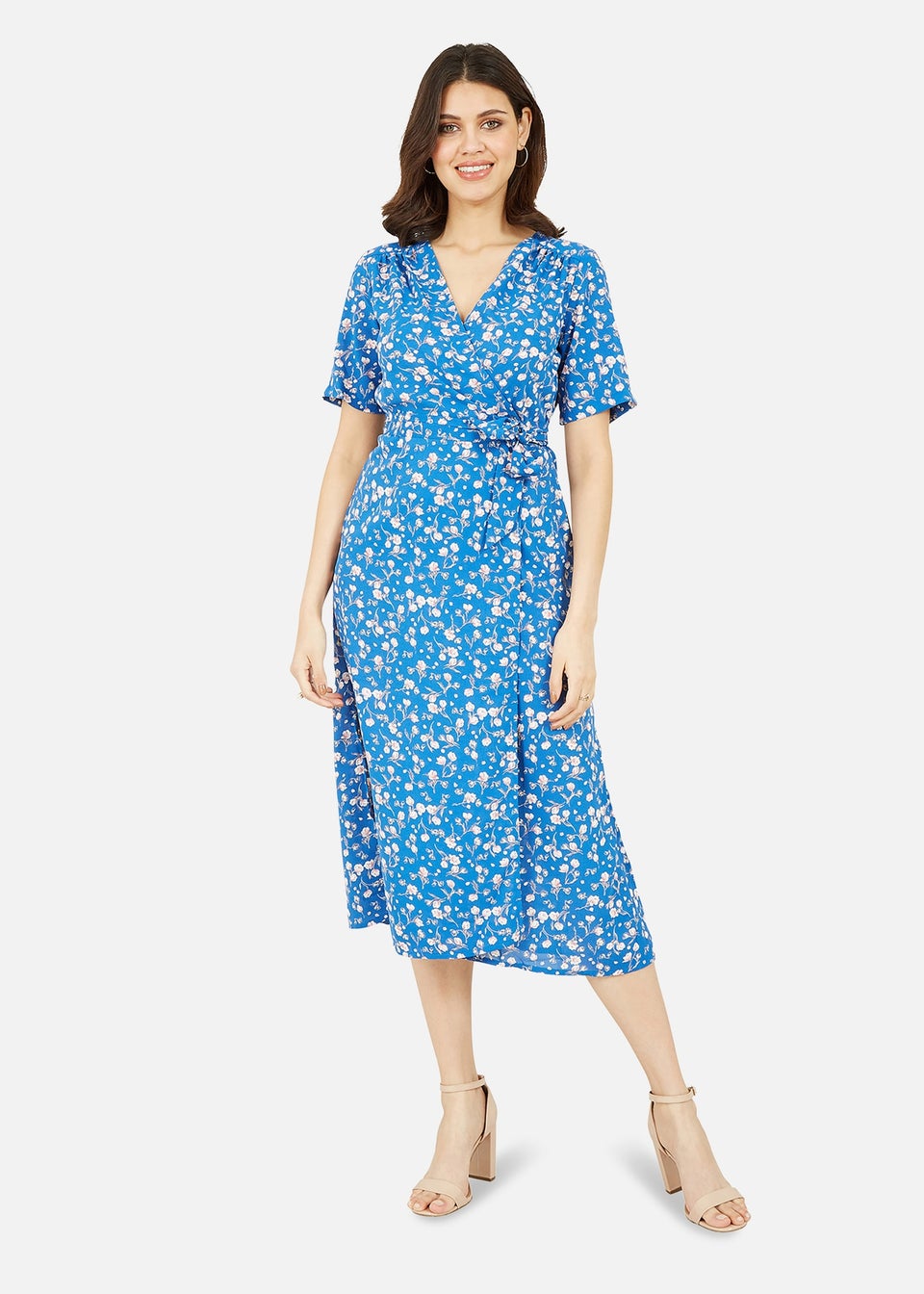Mela Blue Ditsy Rose Print Wrap Midi Dress - Matalan