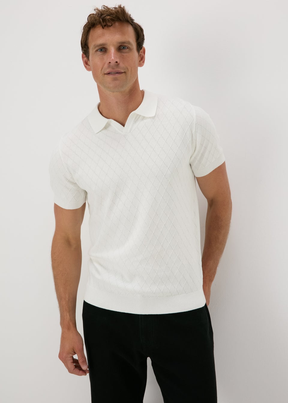 White Diamond Notch Texture Knitted Polo Shirt - Matalan