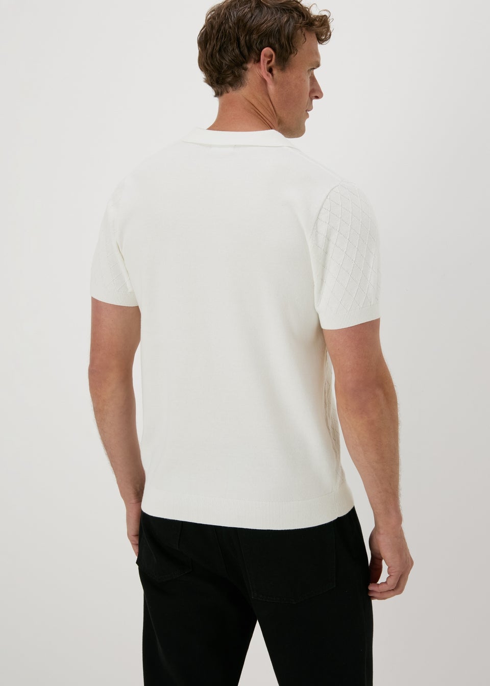 White Diamond Notch Texture Knitted Polo Shirt - Matalan