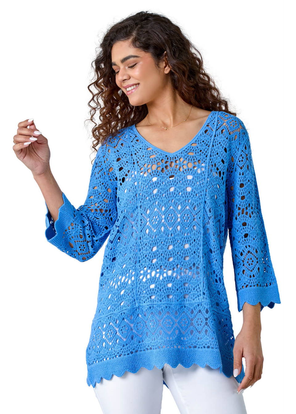 Roman Light Blue Cotton Crochet Tunic Top - Matalan