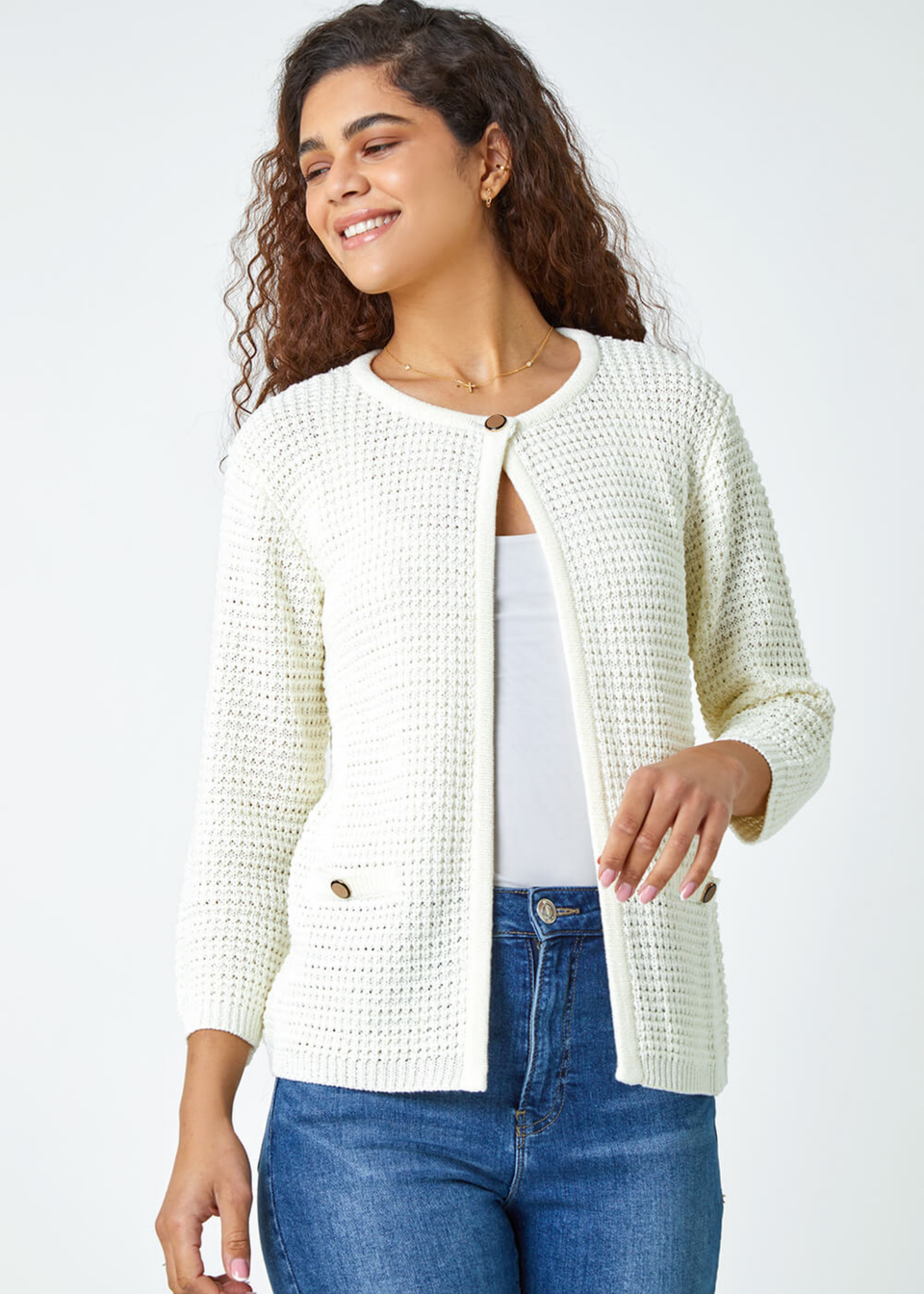 Roman Ivory Waffle Knit Mock Pocket Cardigan - Matalan