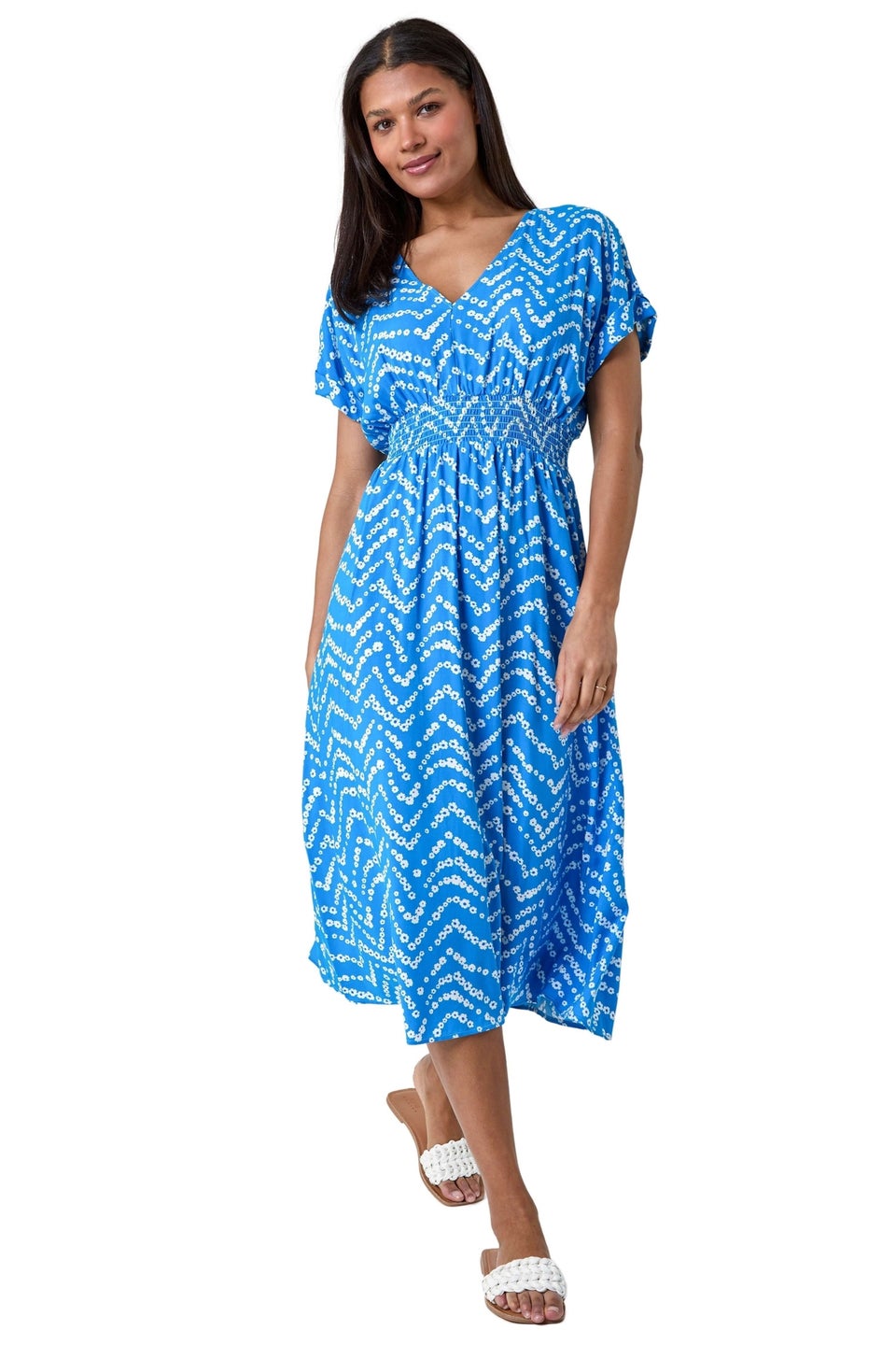 Roman Blue Abstract Floral Zig Zag Print Midi Dress - Matalan