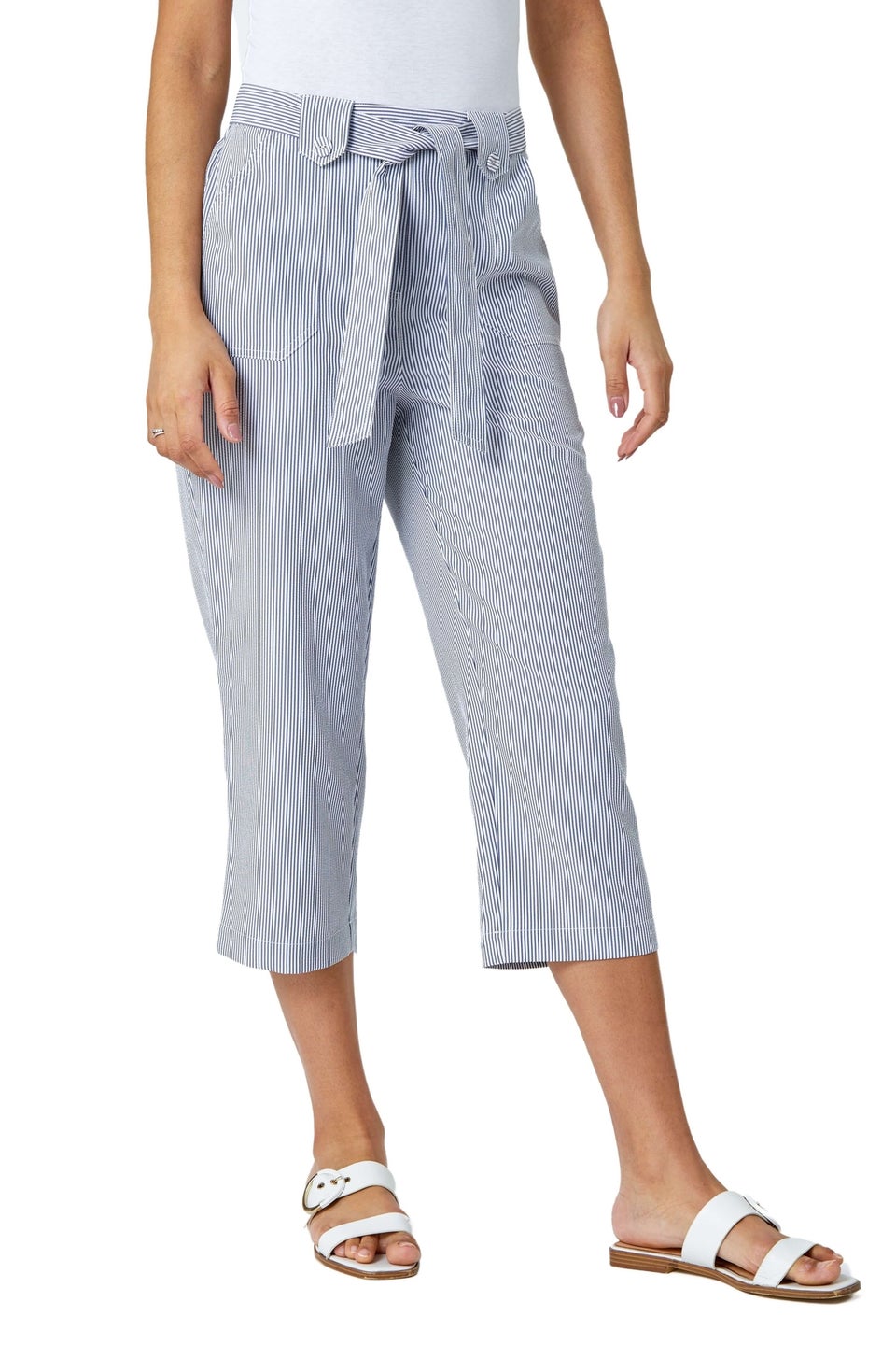 Roman Denim Stripe Elastic Tie Waist Cropped Trousers Matalan