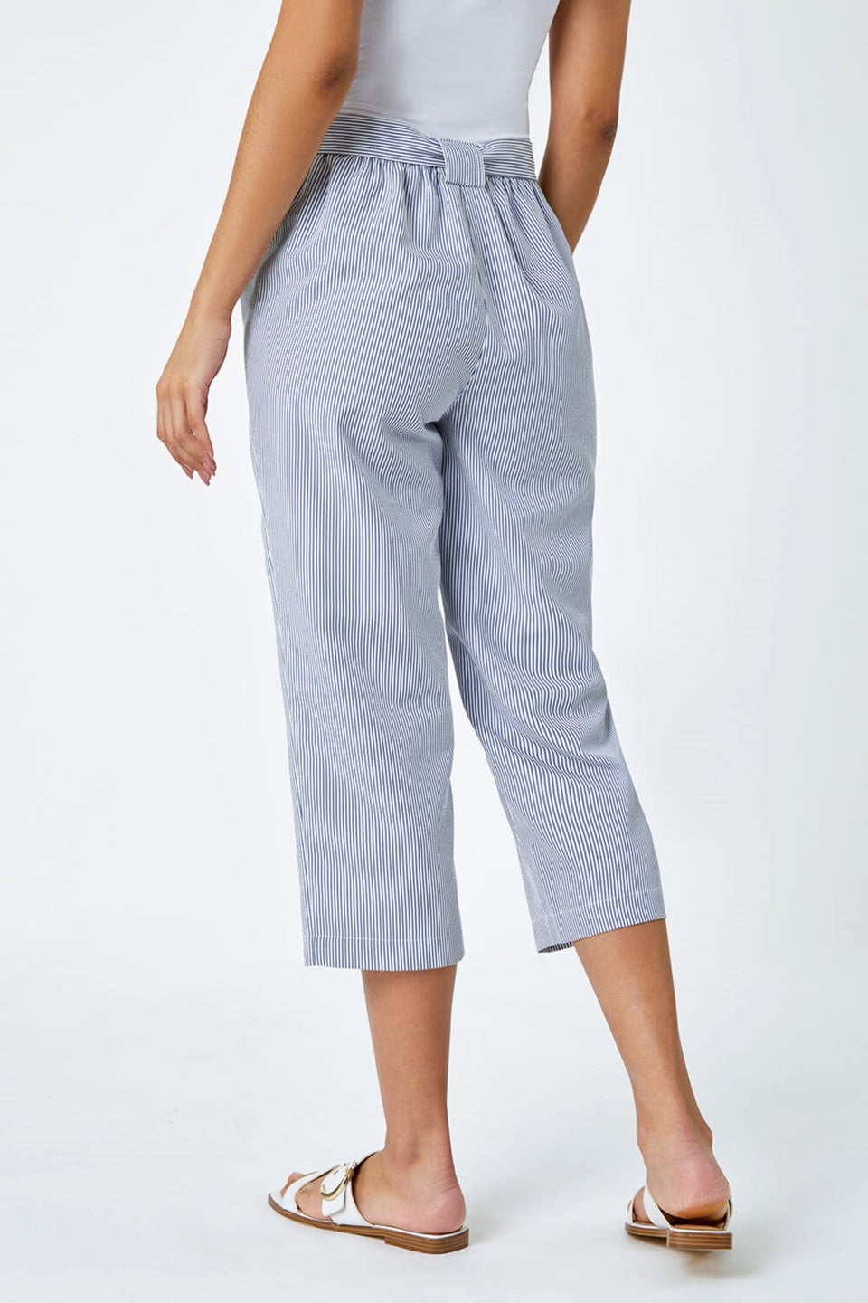 Roman Denim Stripe Elastic Tie Waist Cropped Trousers Matalan