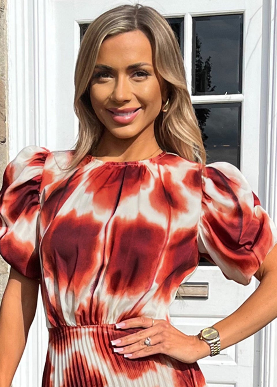 Ax Paris Red Printed Puff Sleeve Hem Pleated Midi Dress Matalan