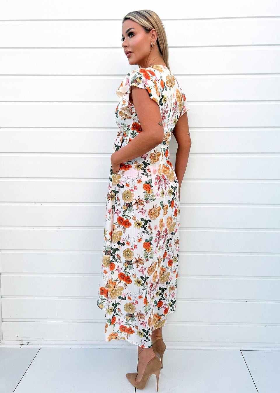 Ax Paris Cream Floral Print Short Sleeve Belted Wrap Midi Dress Matalan