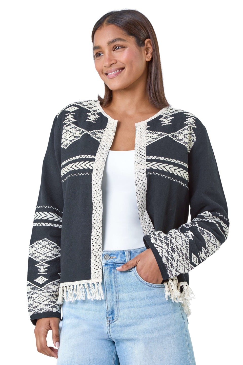 Roman Black Cotton Blend Aztec Fringe Detail Jacket - Matalan