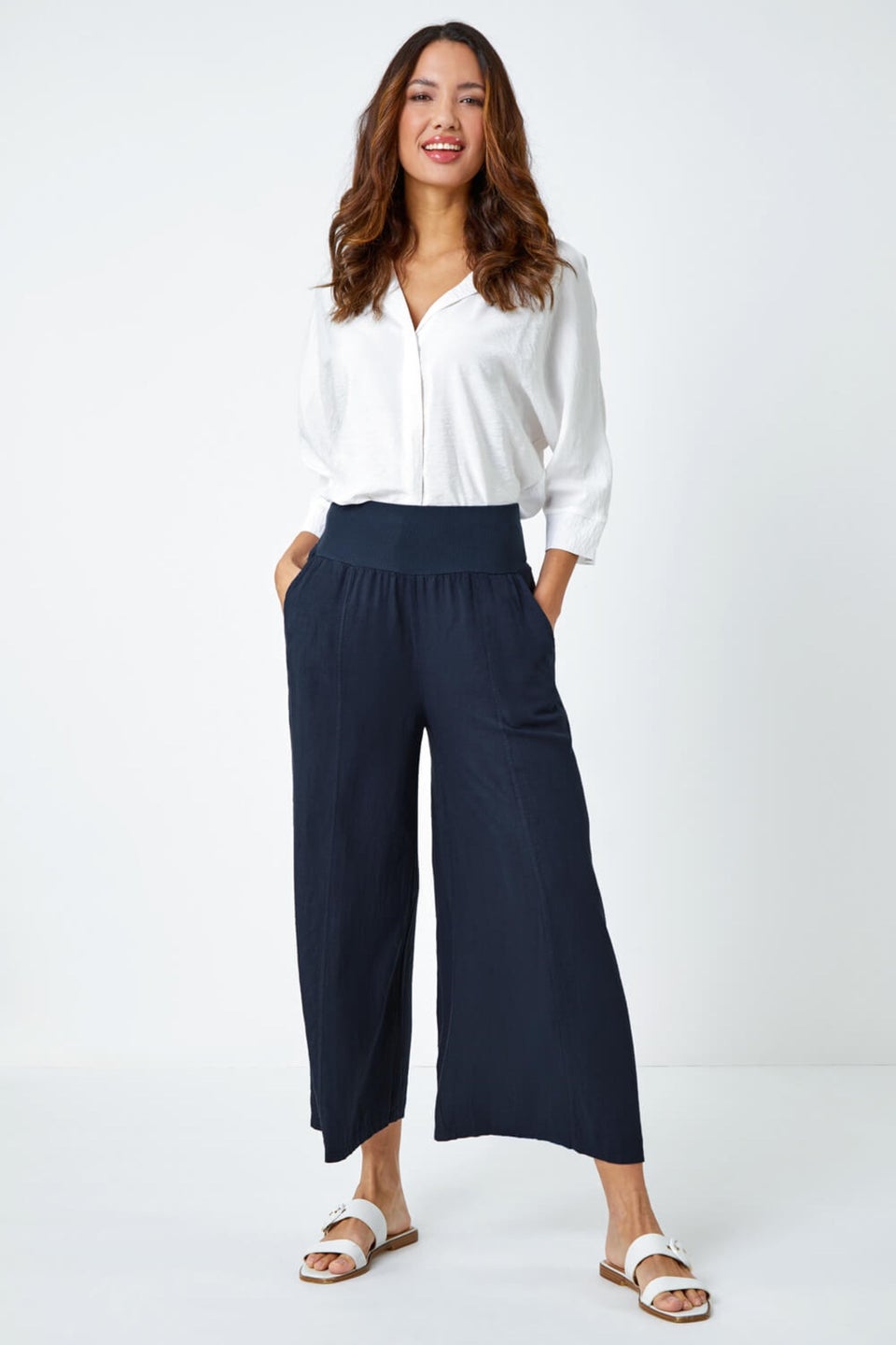 Roman Dark Denim Linen Blend Stretch Waist Culottes Matalan