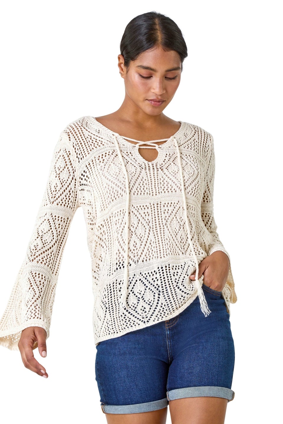 Roman Ivory Crochet Tie Front V-Neck Tunic Top - Matalan