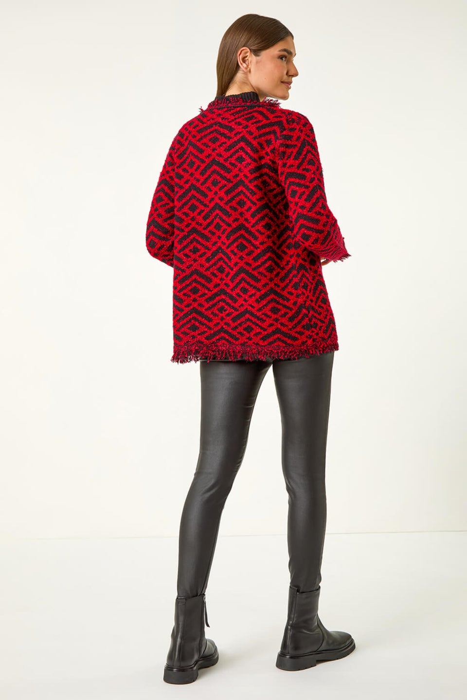 Roman Red Geometric Fringe Collared Cardigan - Matalan