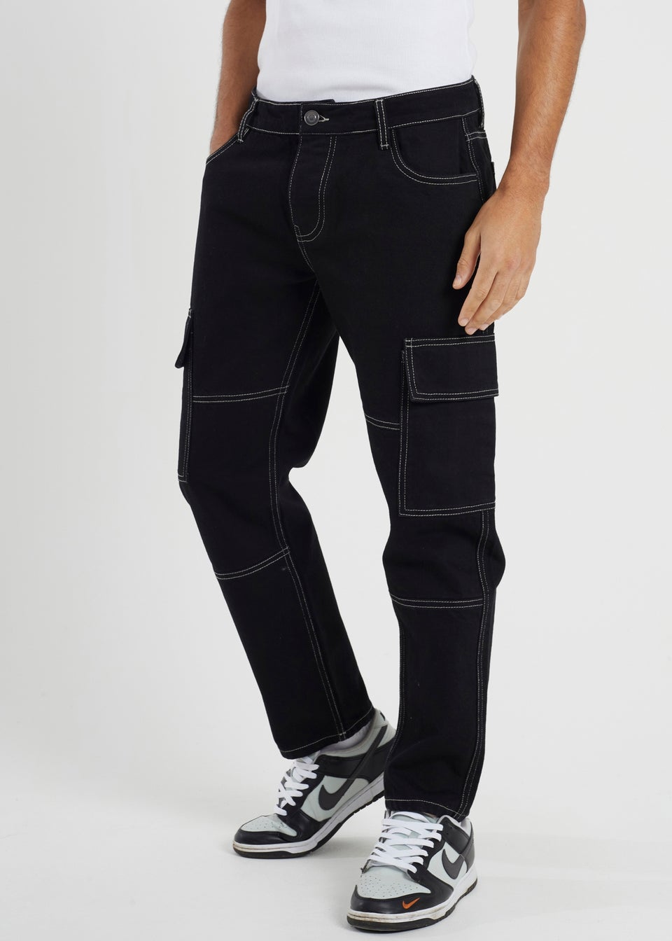 Brave Soul Black Loose Fit Cargo Style Denim Jeans - Matalan