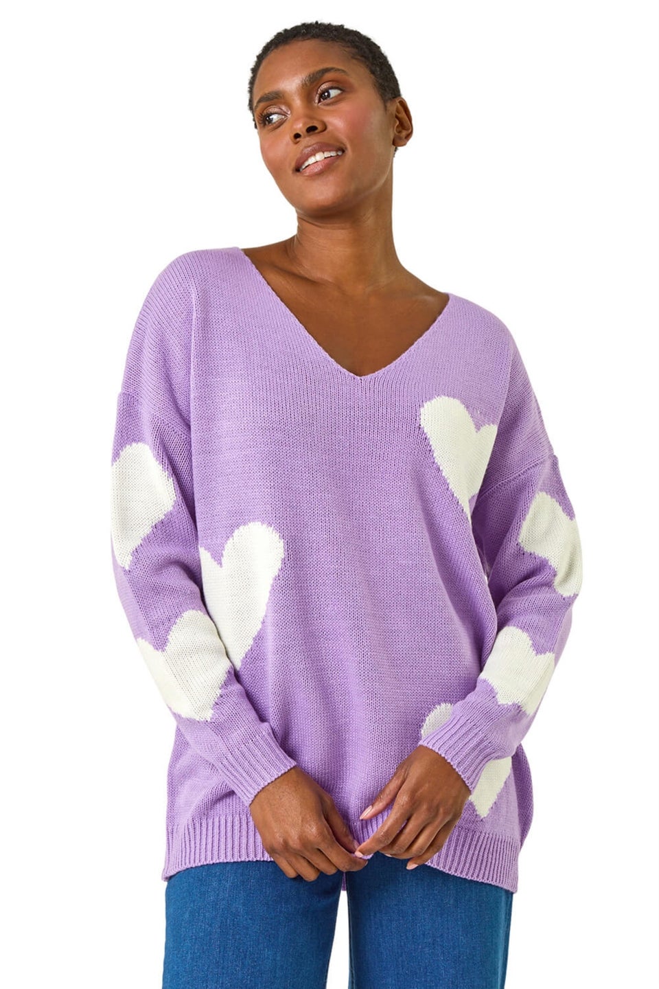 Roman Lilac V-Neck Heart Detail Knit Jumper - Matalan