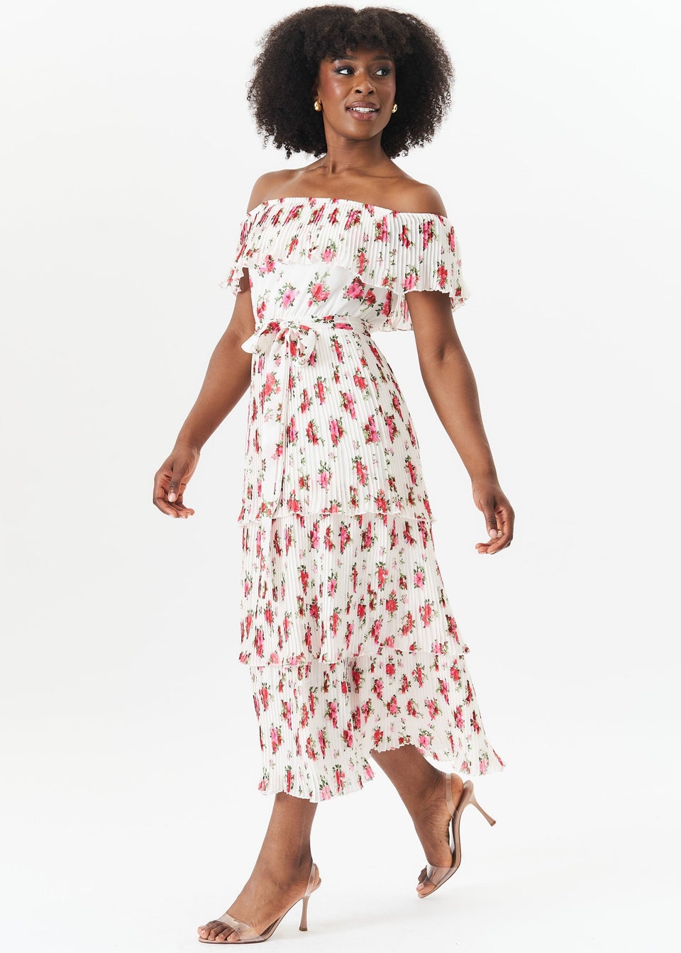 Gini London Ivory Rose Print Pleated Tiered Bardot Midaxi Dress - Matalan
